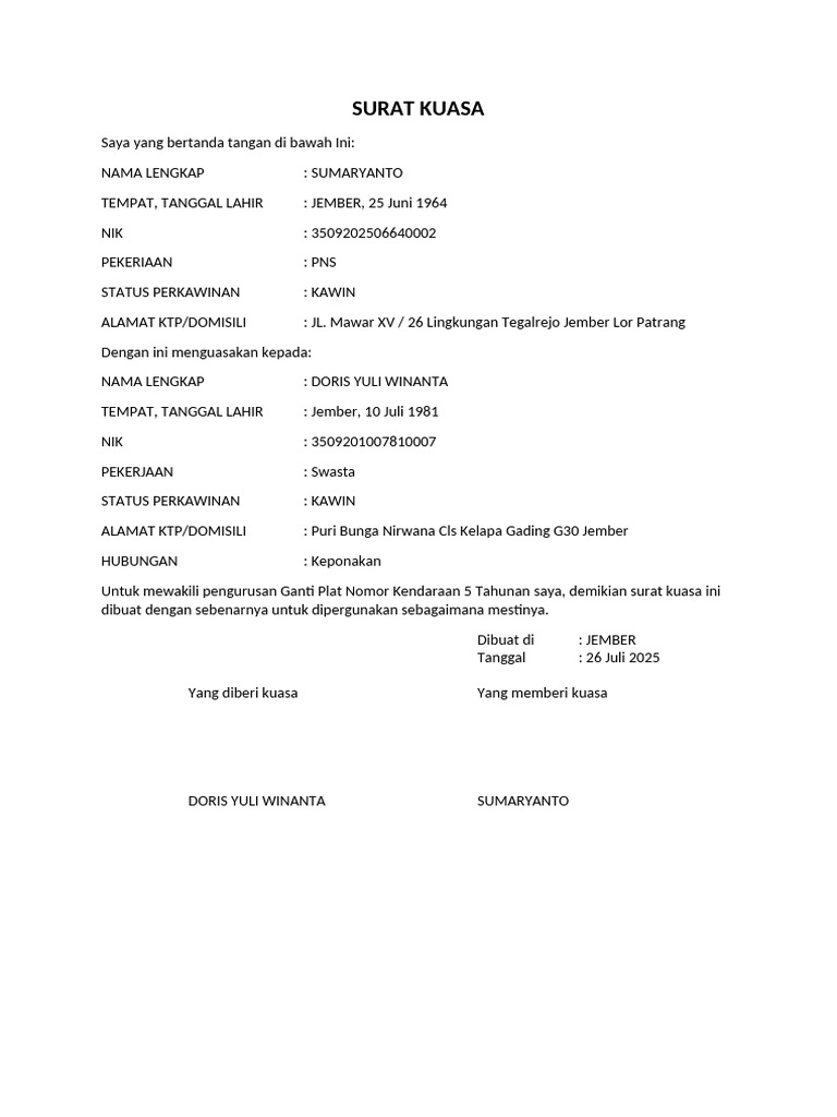 Surat Kuasa Ganti Plat Kendaraan Jember | PDF