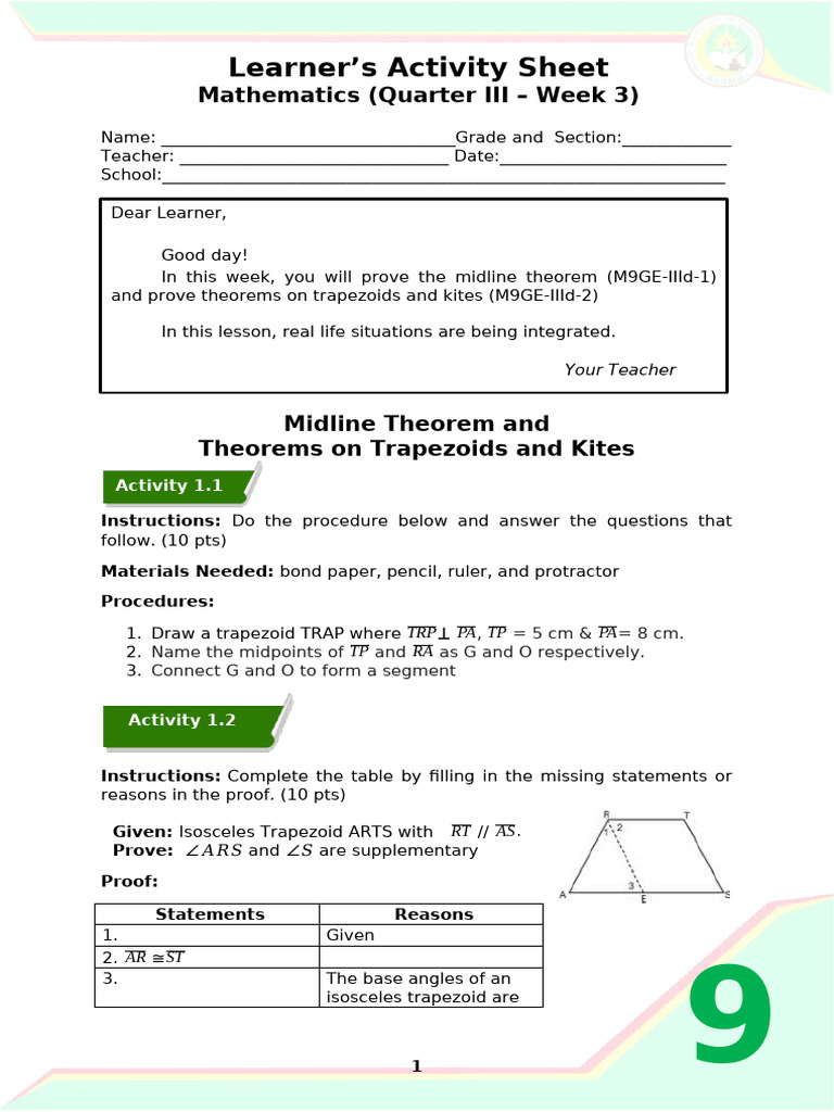 Learner's Activity Sheet: Mathematics (Quarter III - Week 3) | PDF | Perpendicular | Triangle