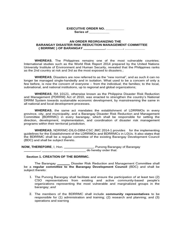 BDRRMC Sample Eo Template | PDF | Emergency | Breastfeeding