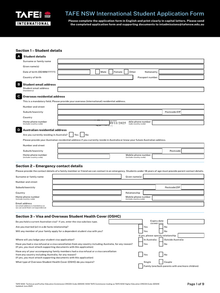 TAFE NSW International Student Form | PDF