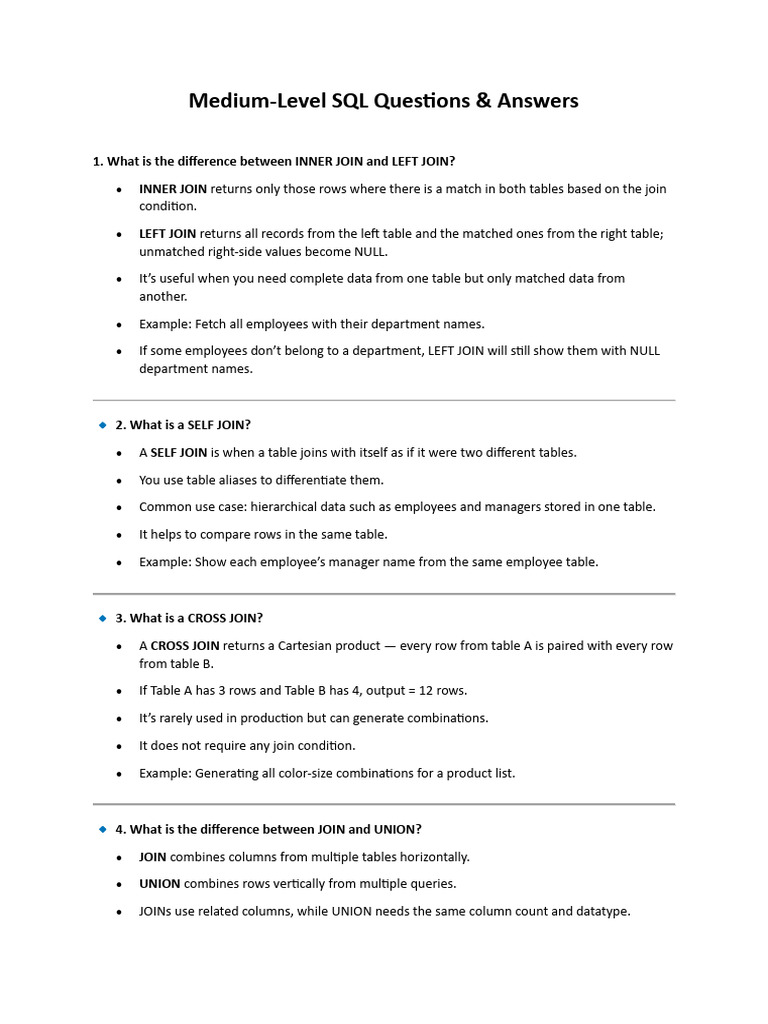 Medium-Level SQL Questions & Answers | PDF | Database Index | Table (Database)