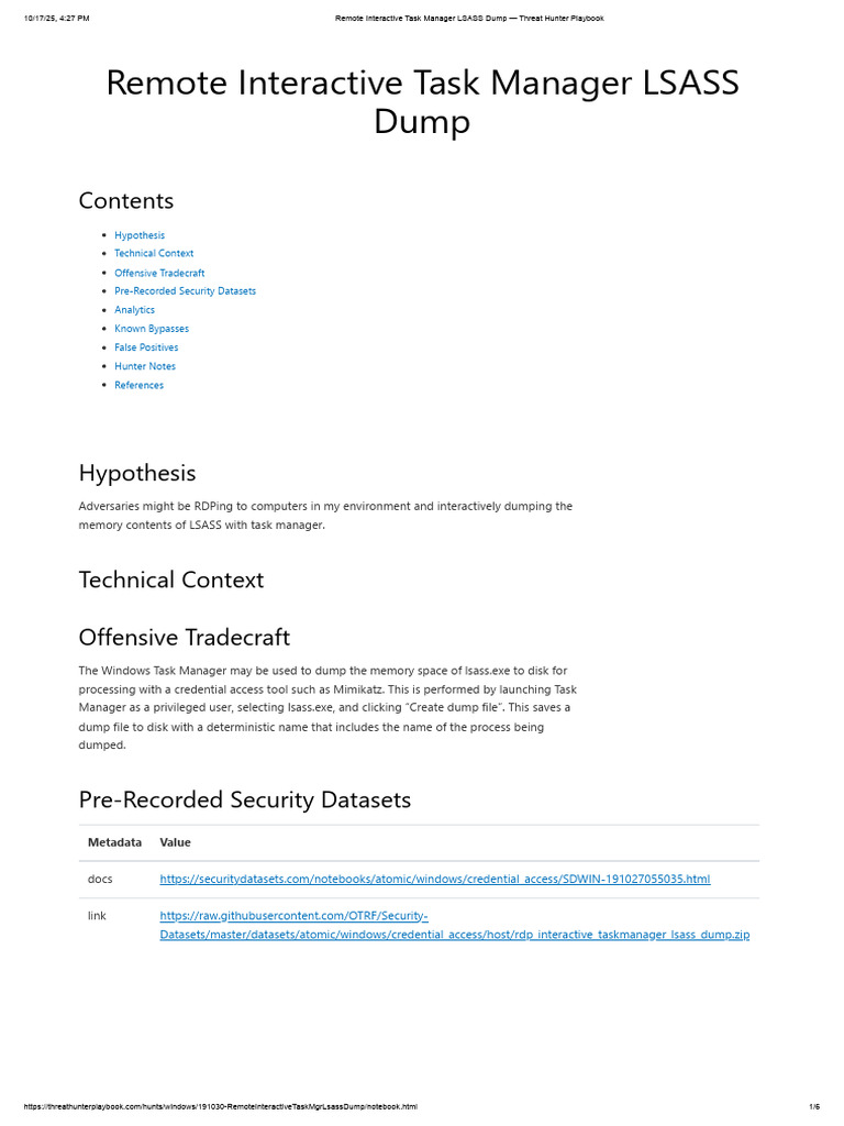 Remote Interactive Task Manager LSASS Dump — Threat Hunter Playbook | PDF | Zip (File Format ...