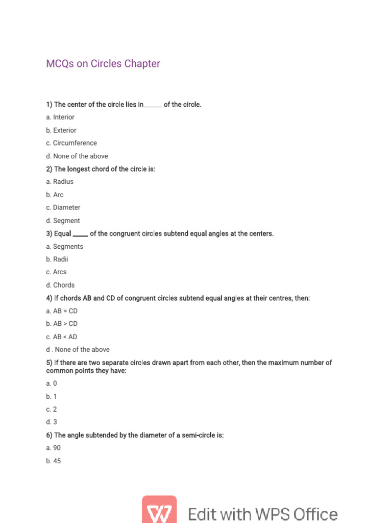 MCQs on Circle Geometry Concepts | PDF