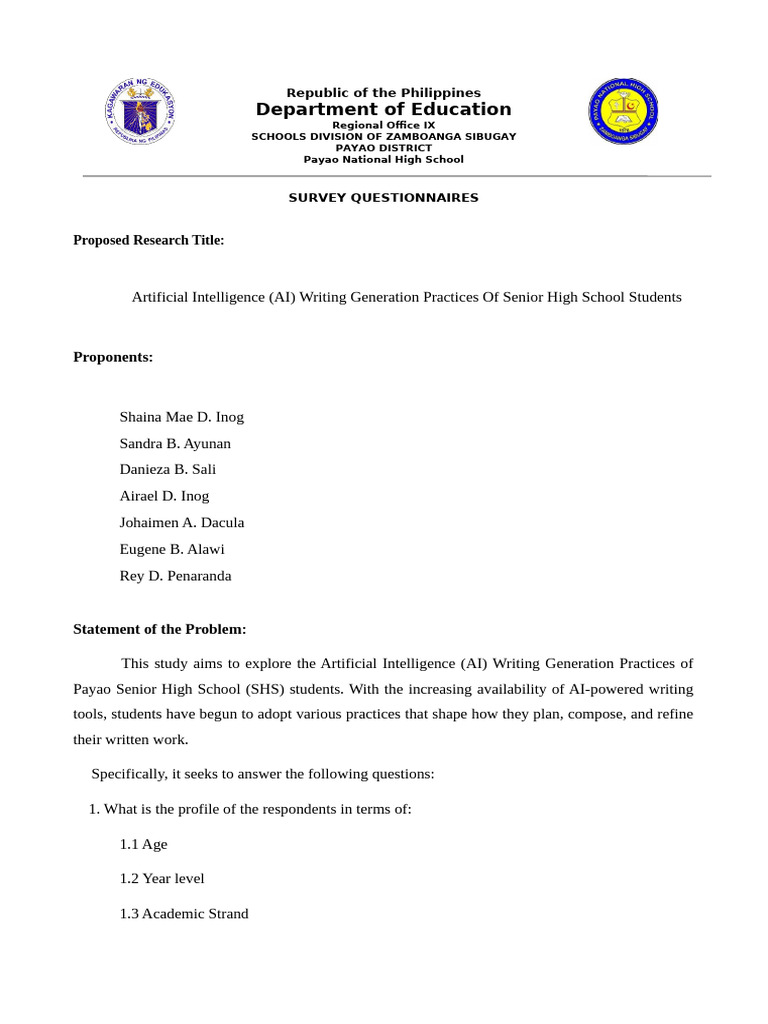 Survey Questionnaire G-2 Css | PDF | Essays | Writing