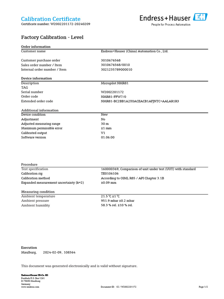 Calibration Certificate for Micropilot NMR81 | PDF | Calibration ...