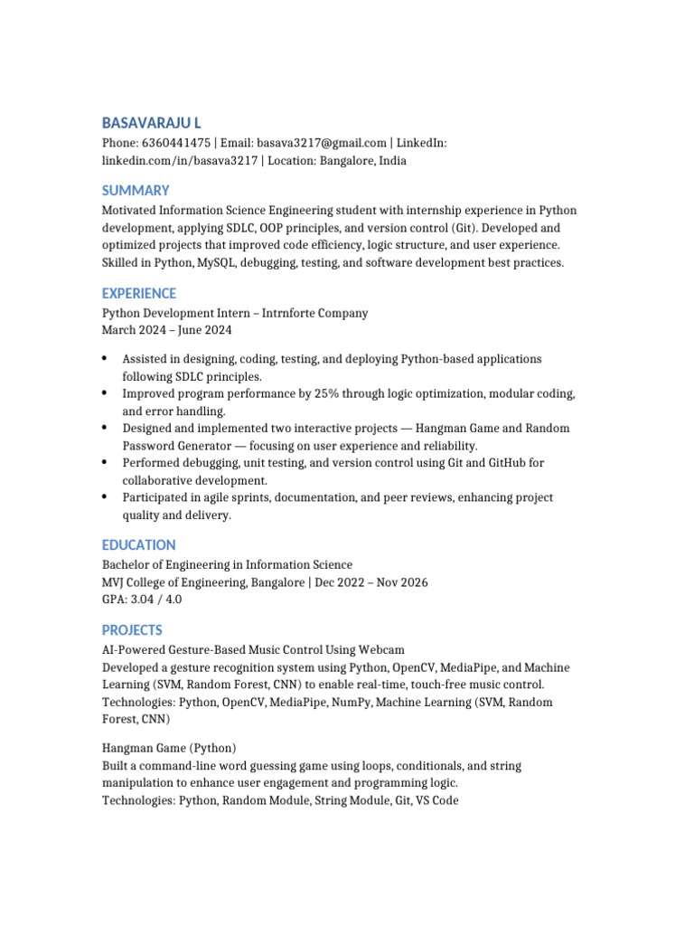 Basavaraju Resume Improved2222222222221) | PDF | Python (Programming Language) | Computer ...