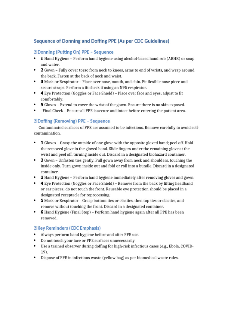 Sequence of Donning and Doffing PPE CDC Guidelines | PDF