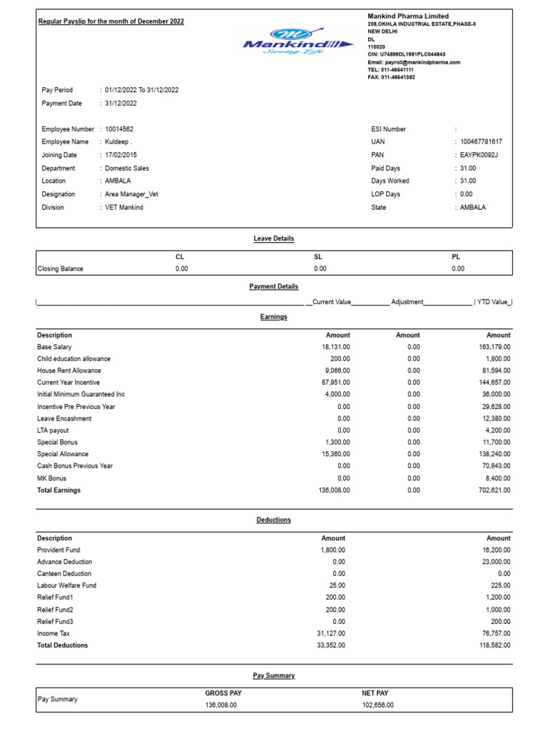 December 2022 Payslip for Kuldeep | PDF | Taxation | Payments