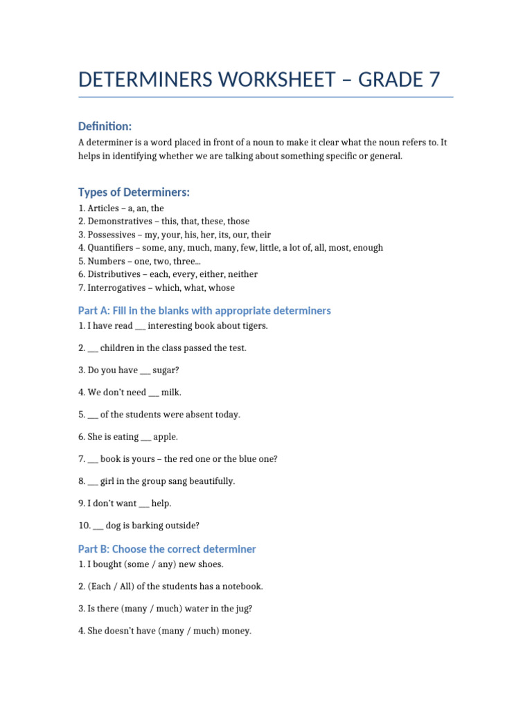 Determiners Worksheet Grade 7 | PDF