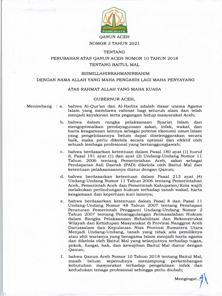 Qanun Aceh Nomor 3 Tahun 2021 Tentang Perubahan Atas Qanun Aceh Nomor ...