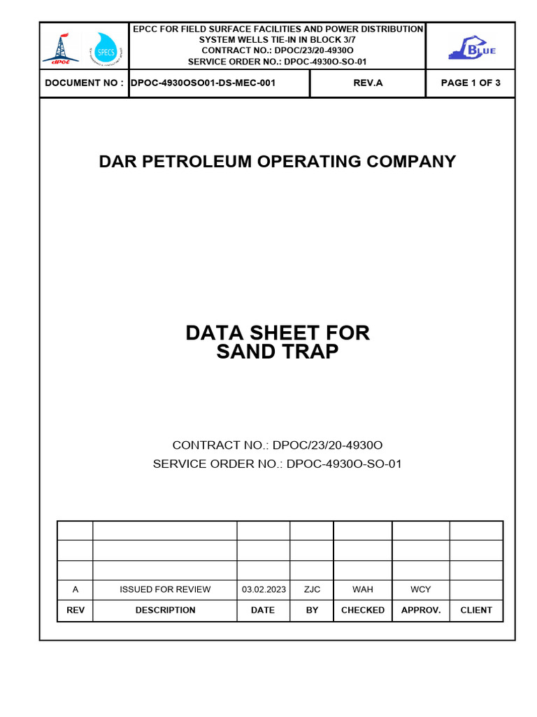 Sand Trap Data Sheet for DPOC Project | PDF | Materials | Mechanical ...