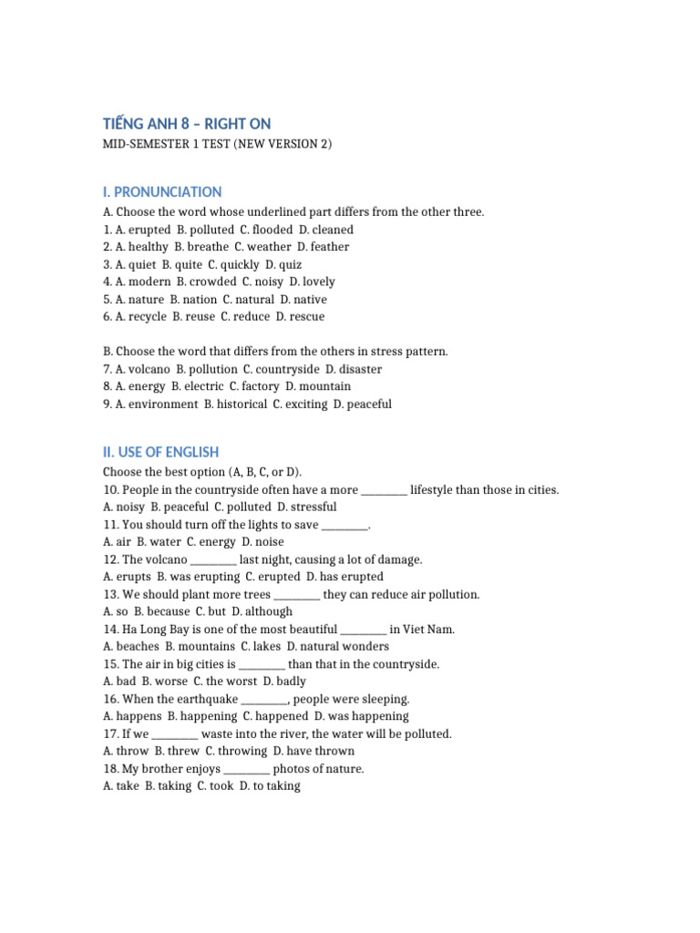 Mid-Semester 1 Test Grade8 V2 | PDF | Natural Environment