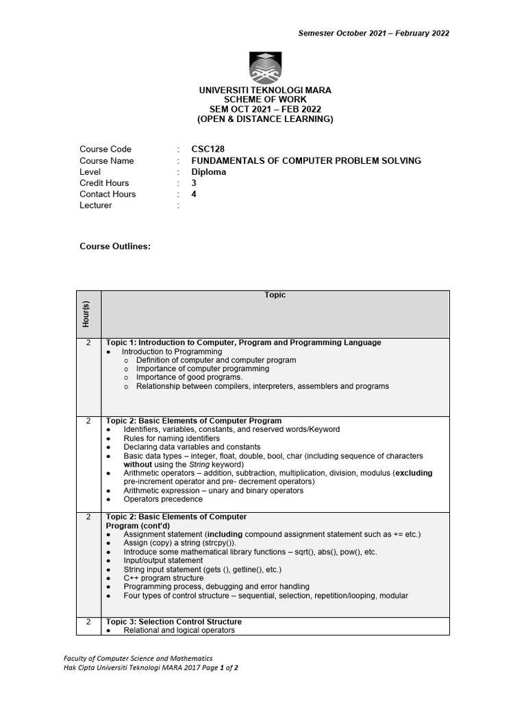 Csc128 Fundamentals of Computer Problem Solving - Course Information | PDF | Computer Program ...