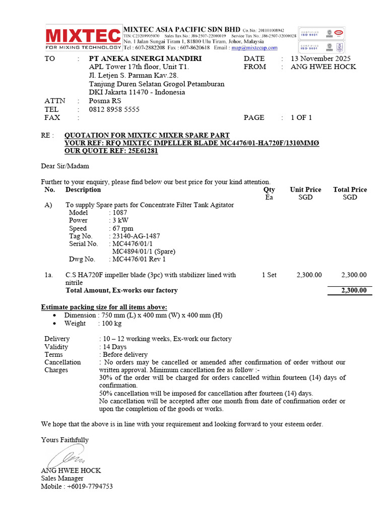 Mixtec Mixer Spare Parts Quotation | PDF