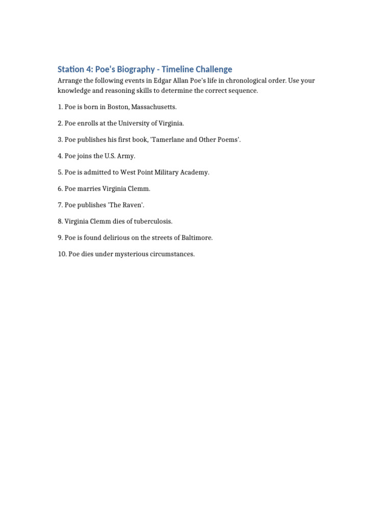 Edgar Allan Poe: Life Timeline Challenge | PDF