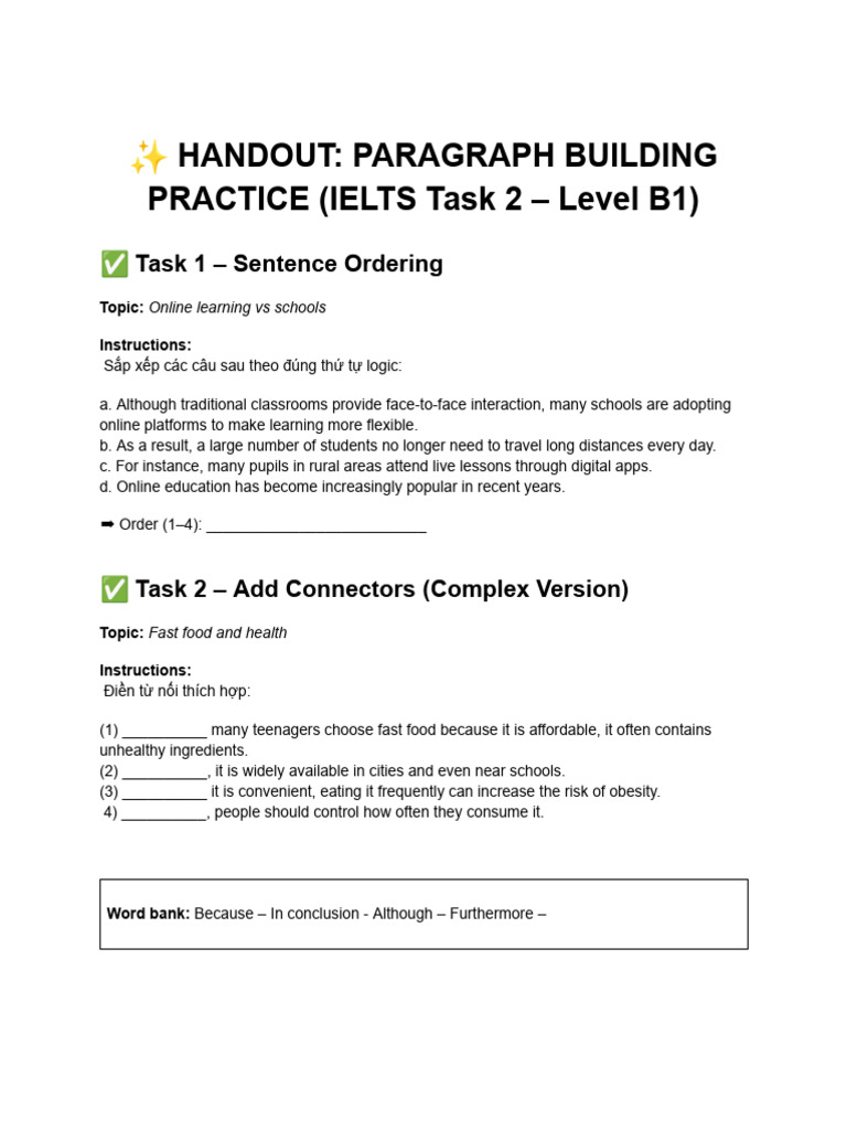 HANDOUT - PARAGRAPH BUILDING PRACTICE (IELTS Task 2 - Level B1+) | PDF