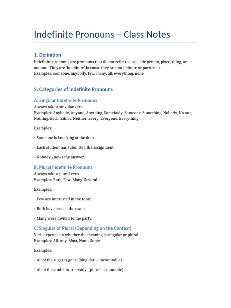 Indefinite Pronouns Notes | PDF | Grammatical Number | Plural