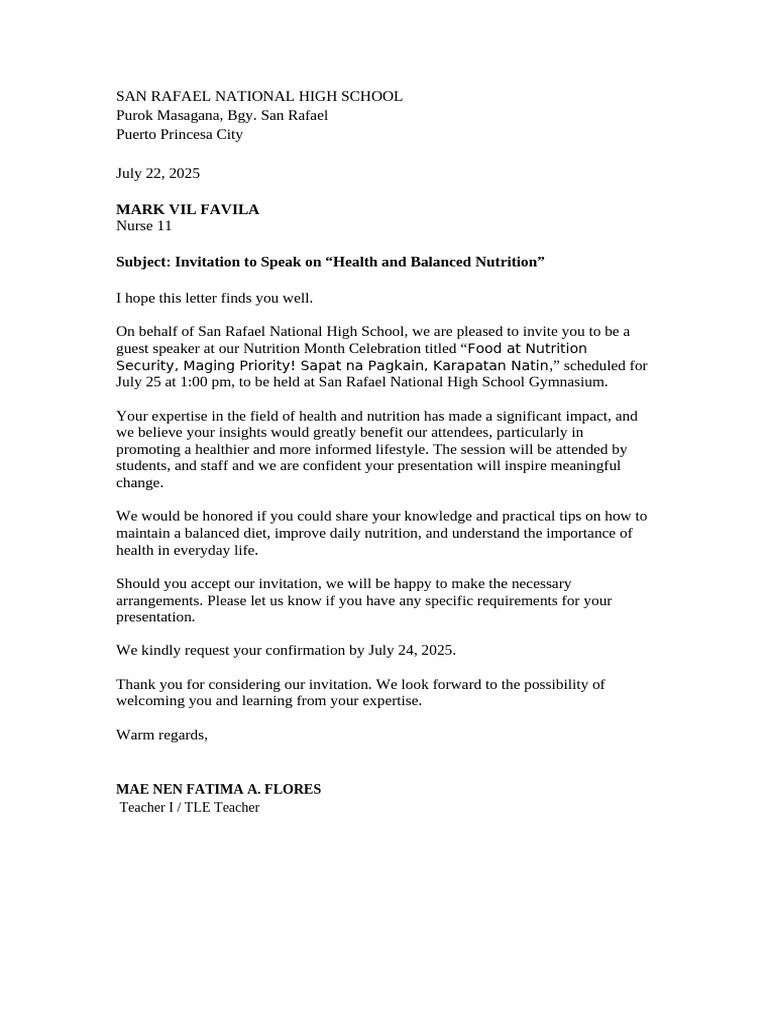 Invitation - To - Speaker - Health - Nutrition Month Example | PDF