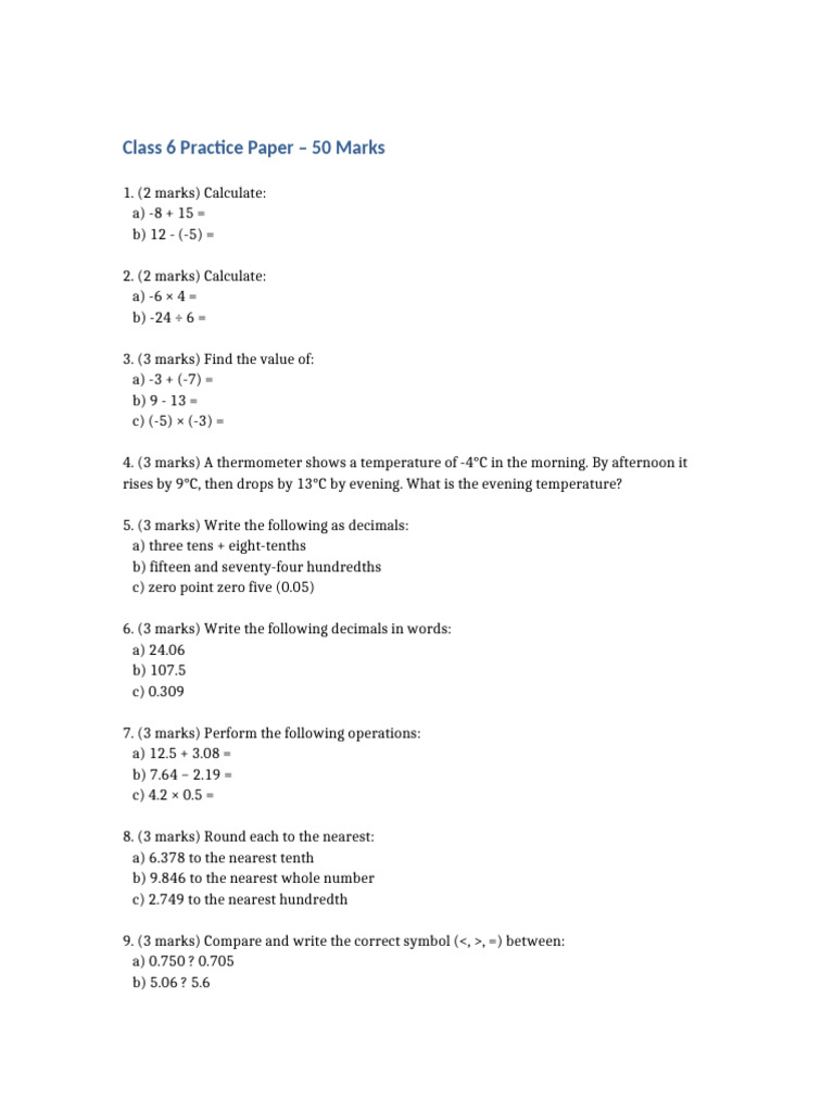 Class 6 Practice Paper Decimals Percentage Integers | PDF