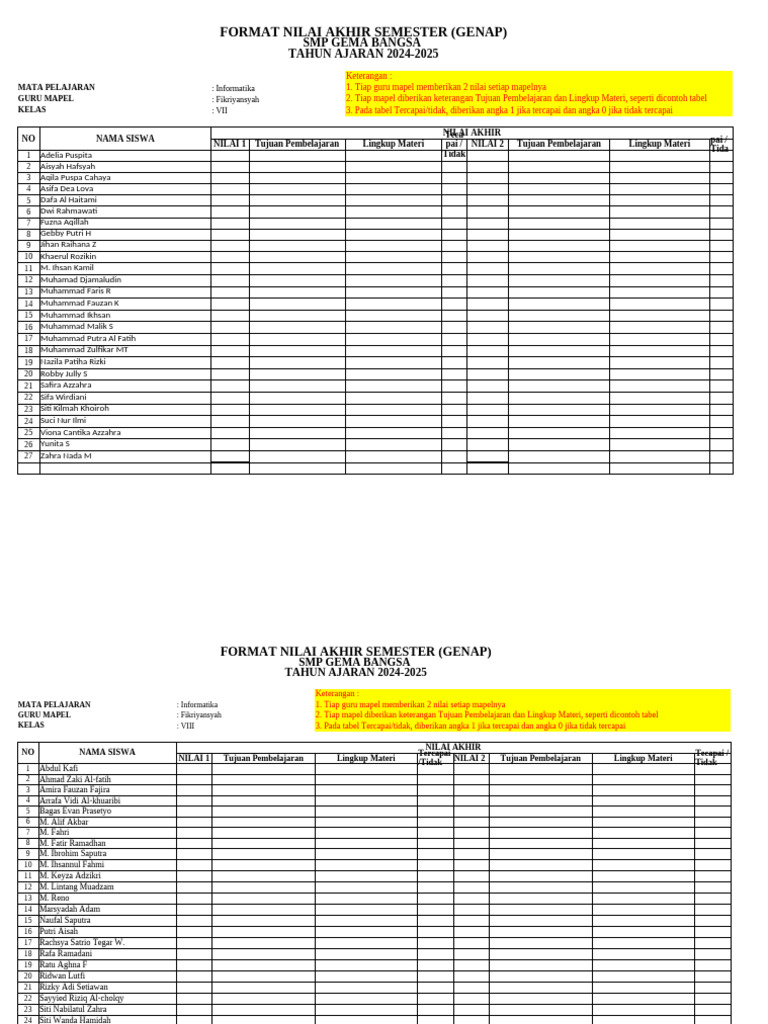 Format Nilai Akhir Semester SMP 2024-2025 | PDF