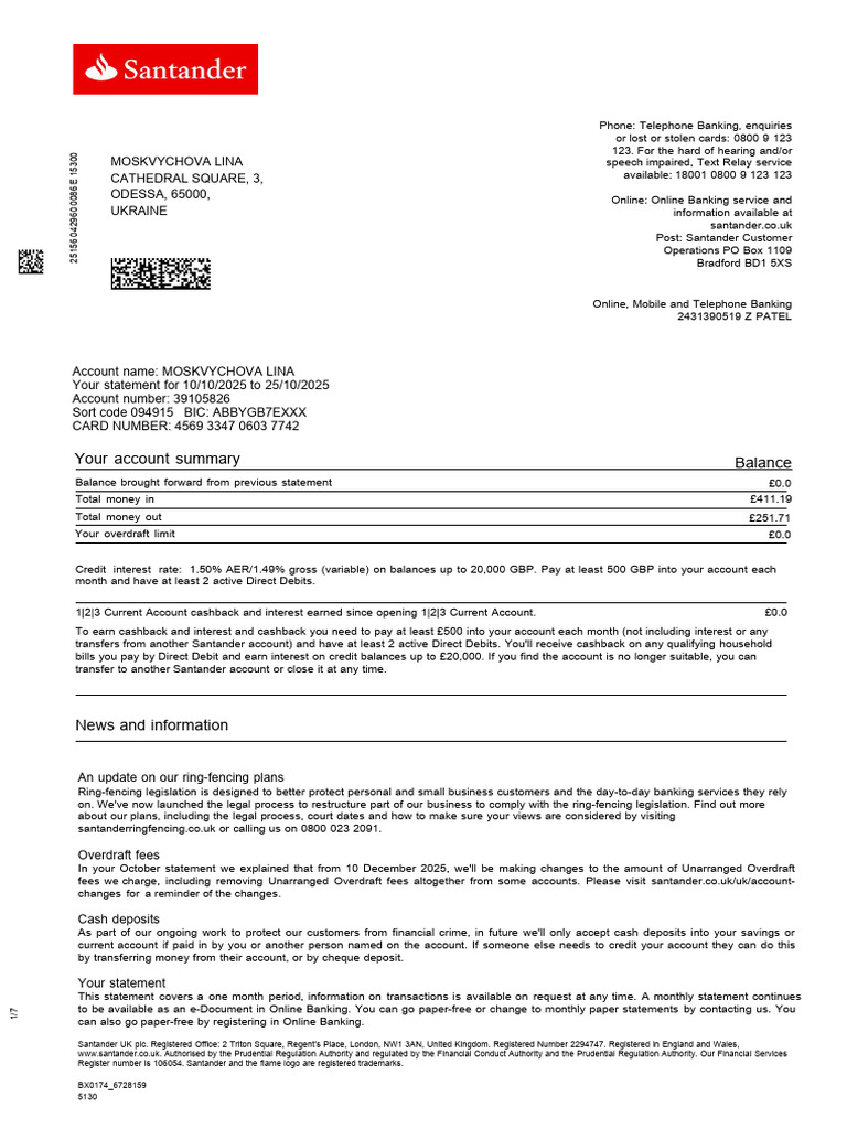 Santander Account Statement Summary | PDF | Transaction Account | Banking
