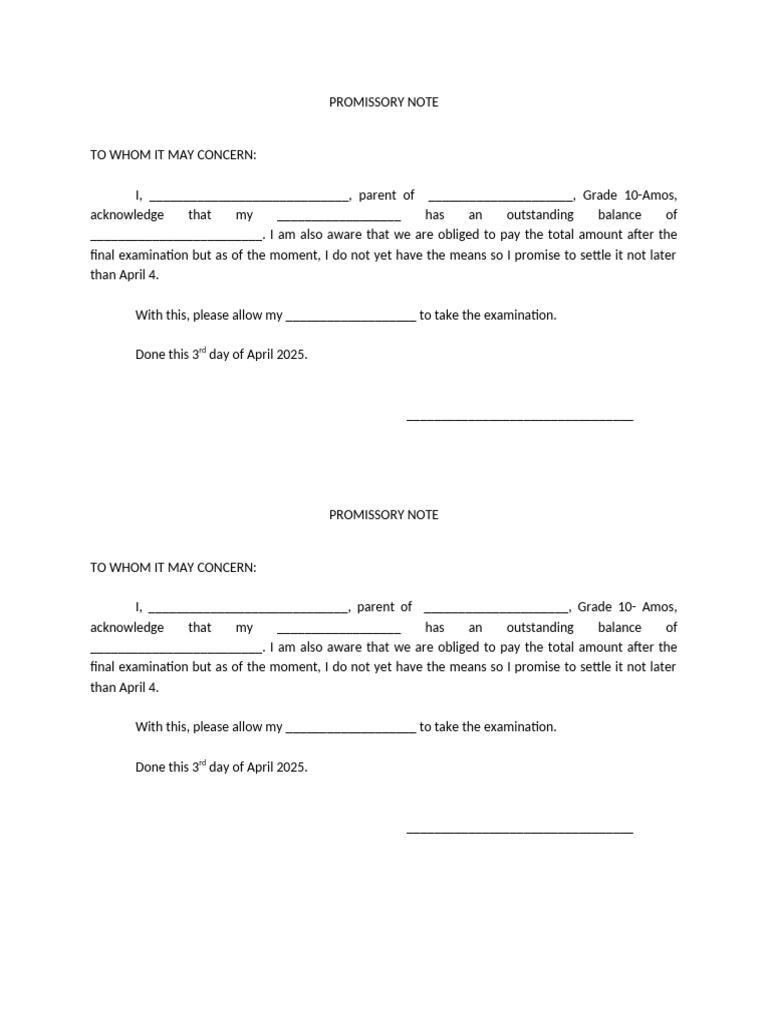 Promissory Note for School Fees | PDF
