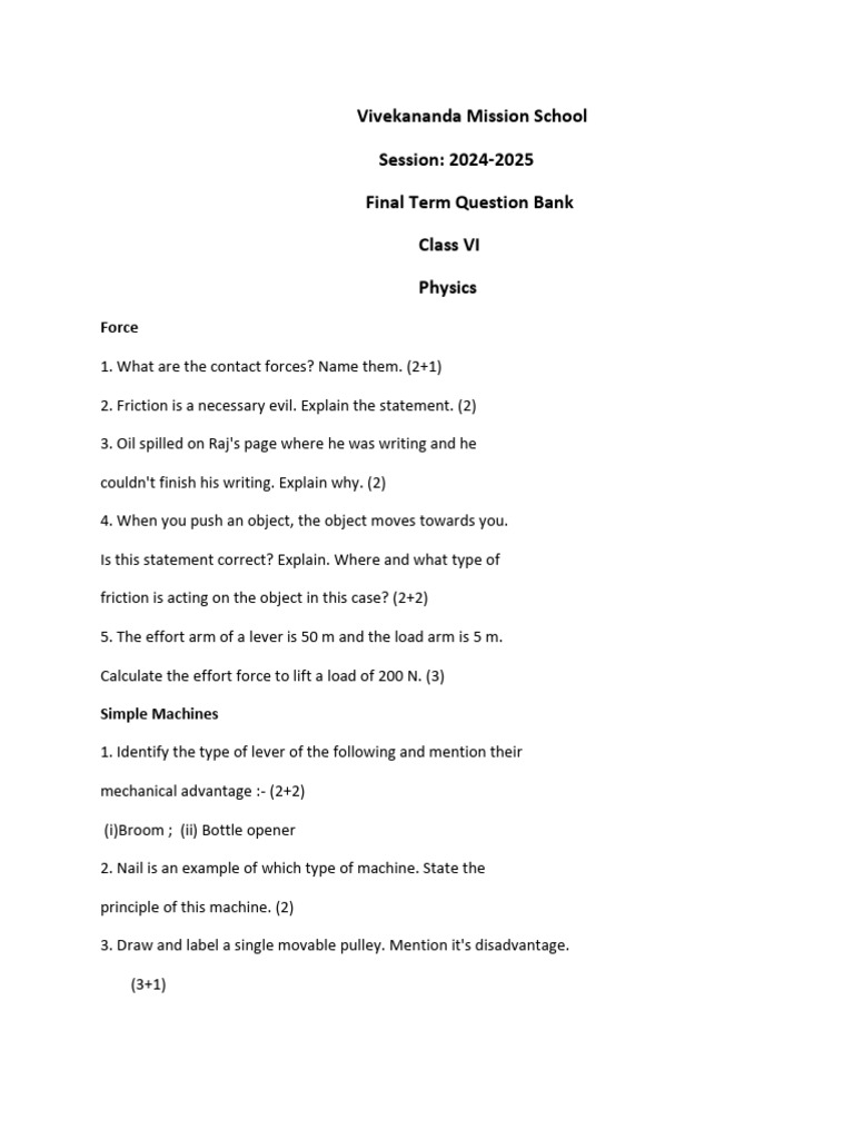 QBank 120 TermWise VI Physics 27012025060405 | PDF | Machines | Force