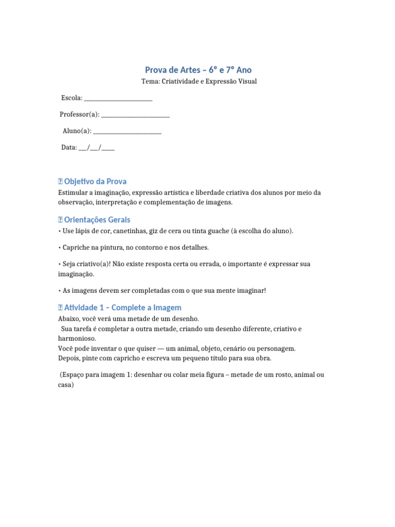 Prova de Artes: Criatividade Visual 6º e 7º Ano | PDF