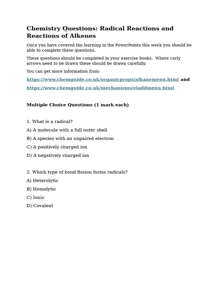 Alkane Alkene Reactions Q | PDF | Chemical Reactions | Alkene