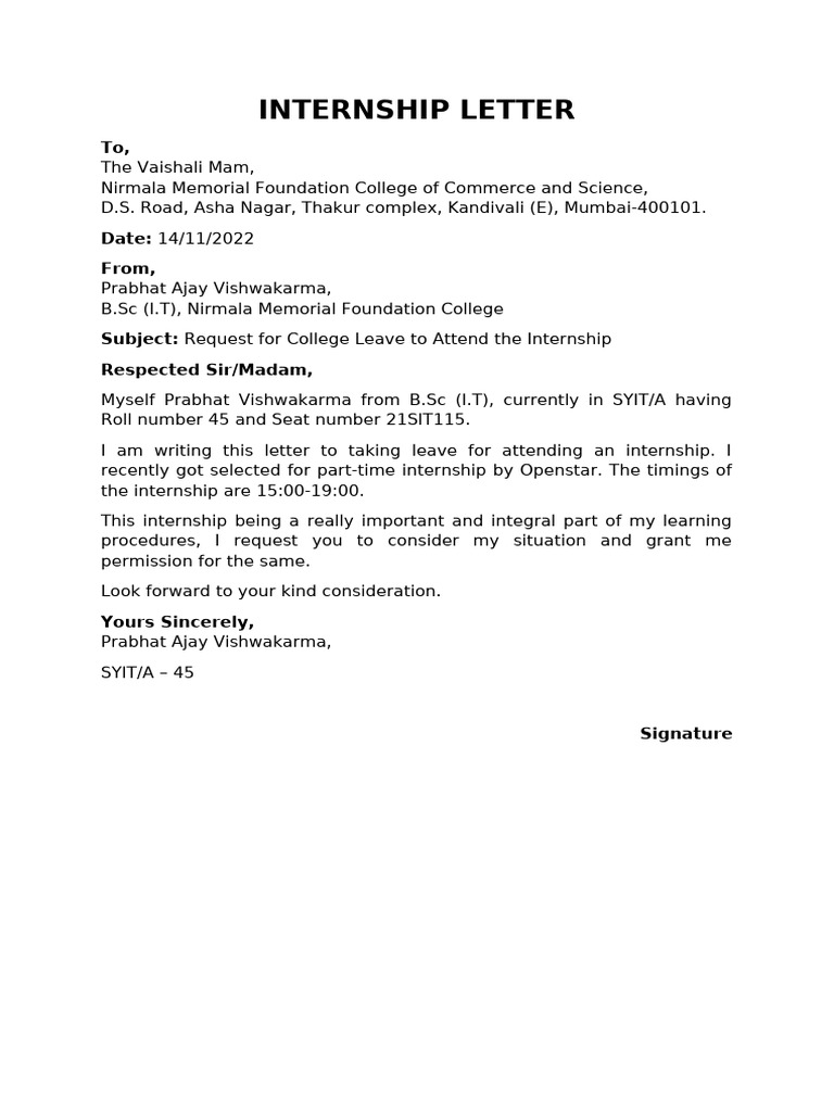 Internship Leave Letter | PDF