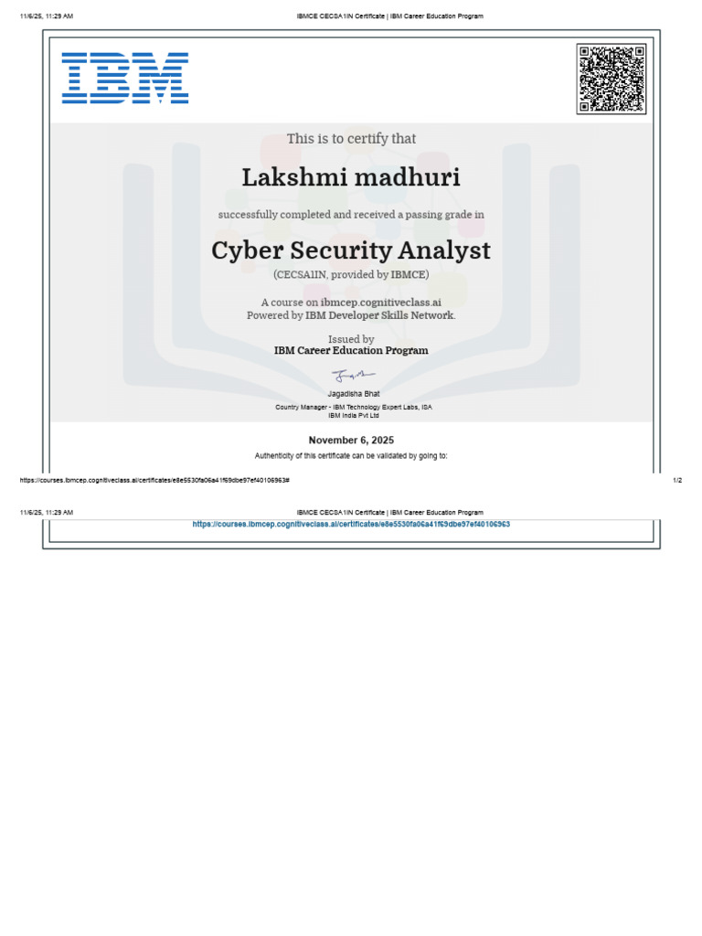 Lakshmi Madhuri Cyber Security Analyst: This Is To Certify That | PDF