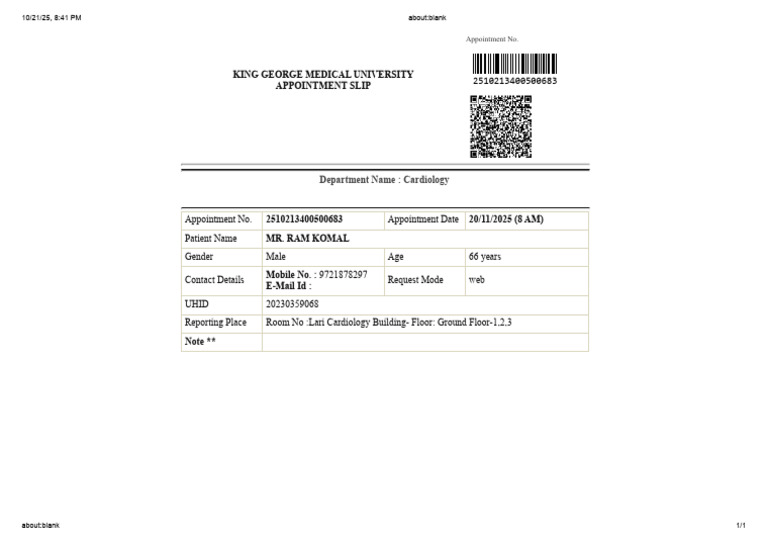 Cardiology Appointment Slip for Mr. Ram Komal | PDF