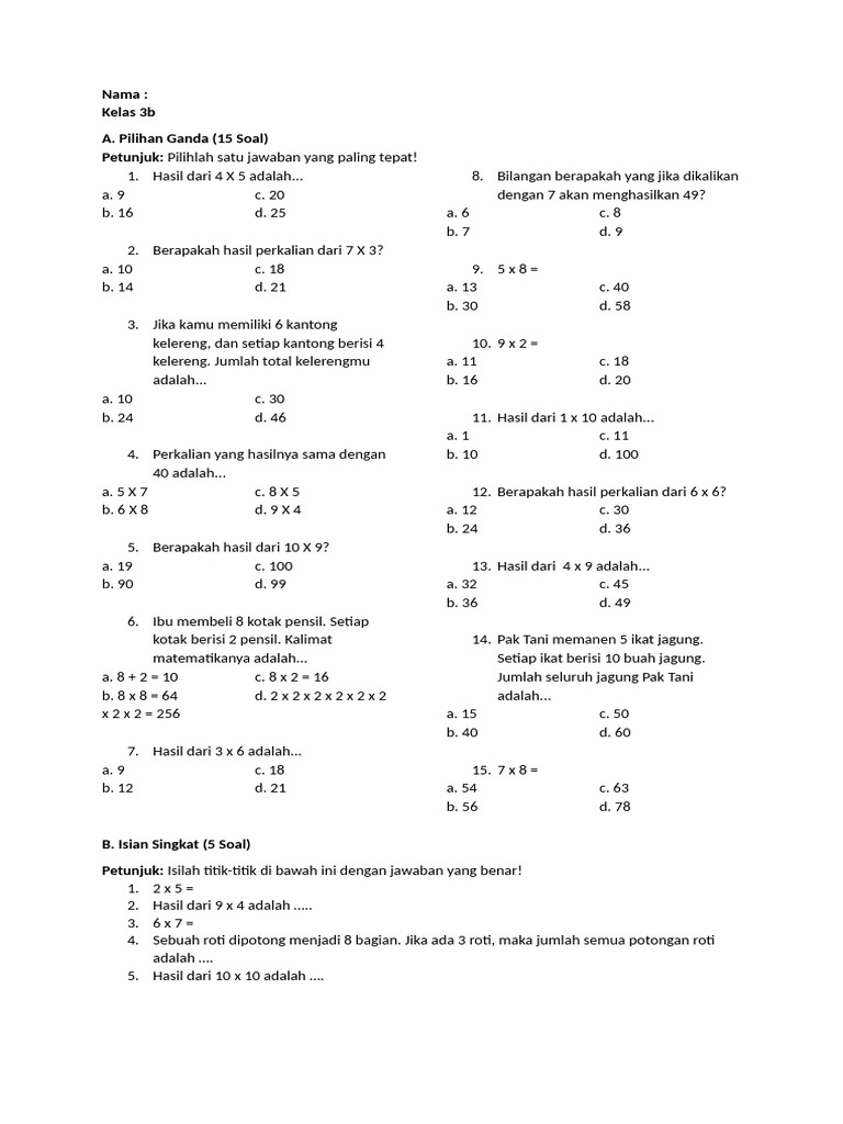 Soal Matematika Kelas 3: Perkalian dan Isian | PDF