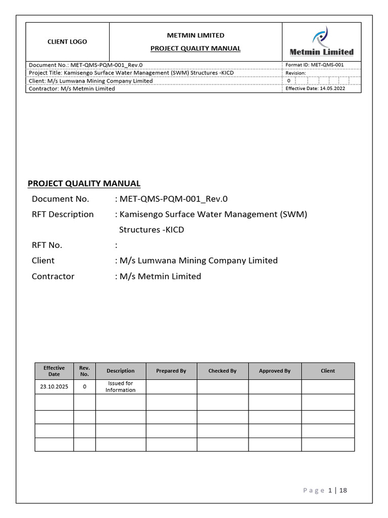01 MET-QMS-PQM-001 Rev.0 Project Quality Manual. | PDF | Calibration | Audit