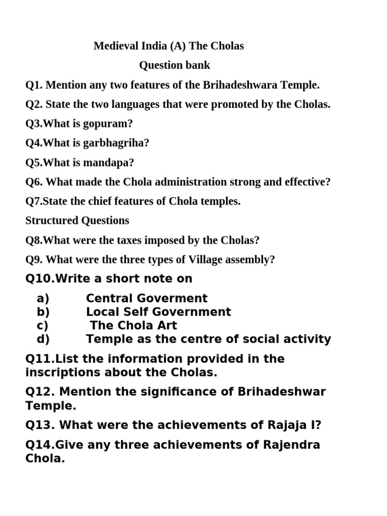 Question Bank Medieval India the Cholas | PDF