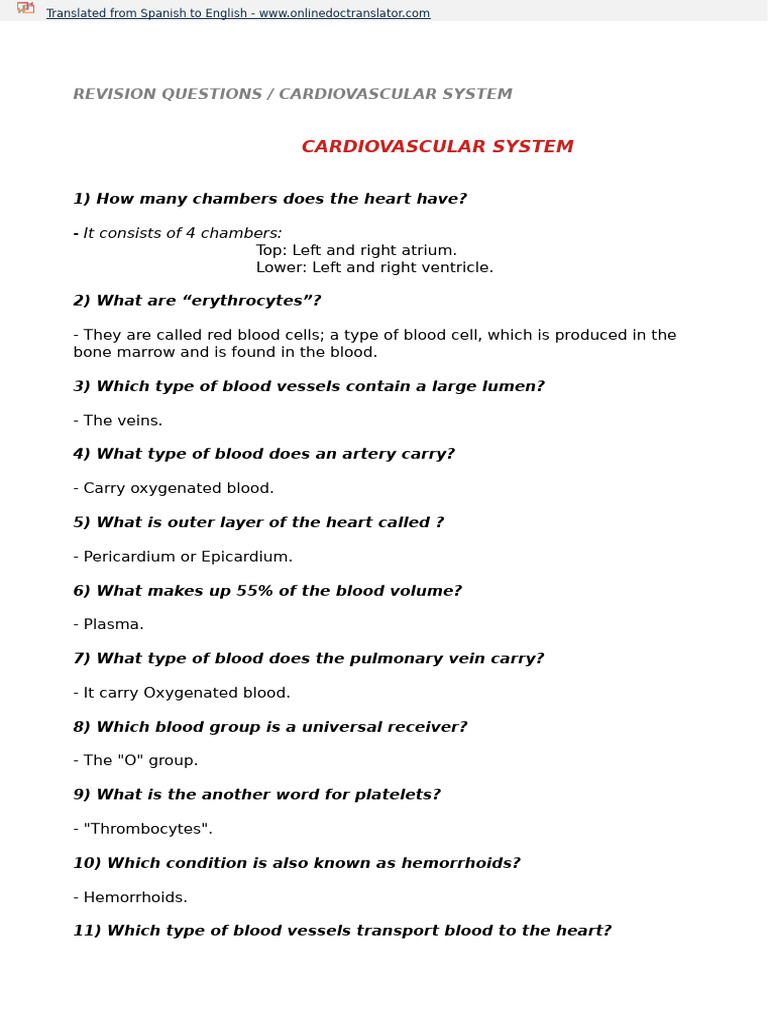 Cardiovascular System - Revision Questions.es.en | PDF | Vein ...
