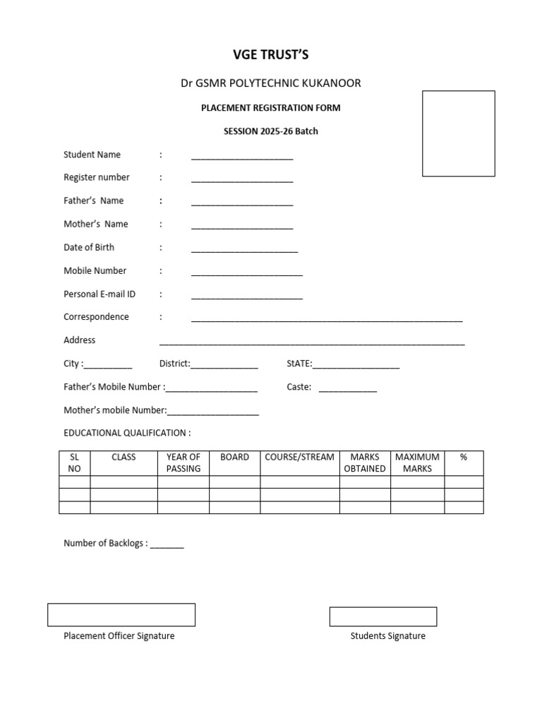 VGE Trust Placement Registration Form | PDF