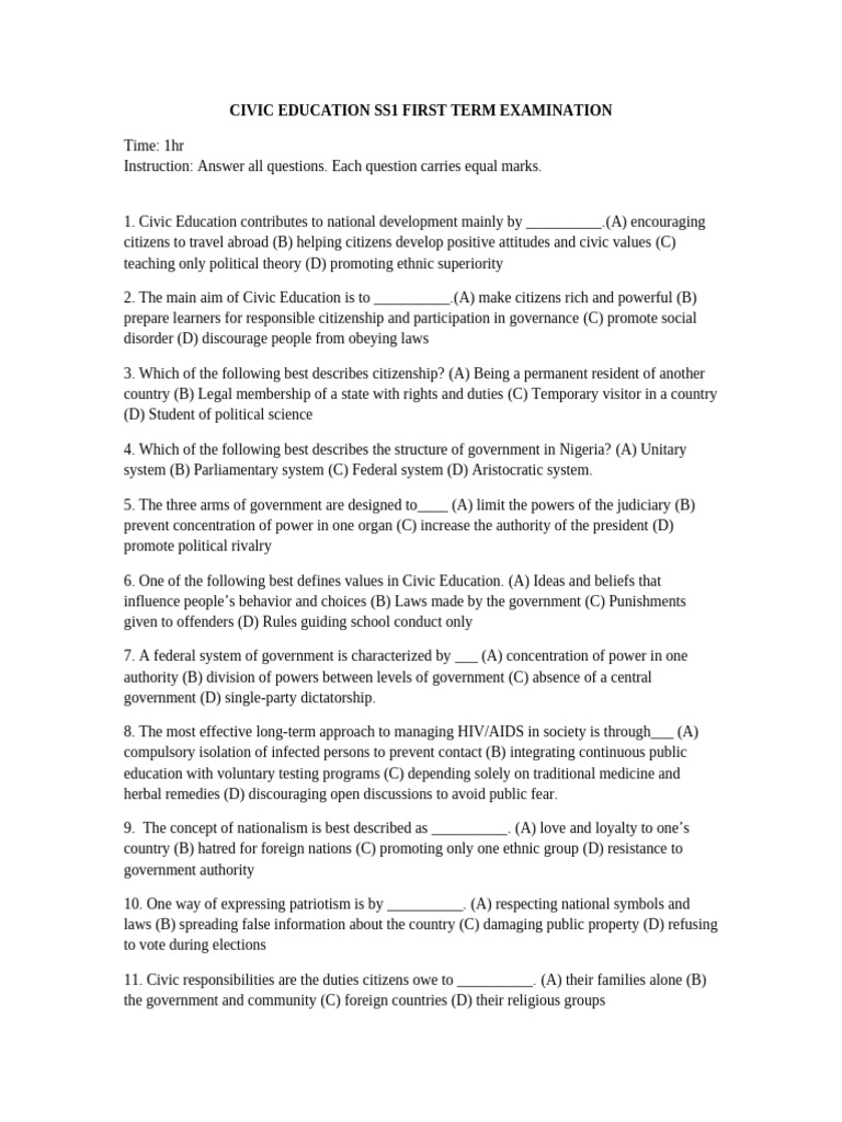 Civic Education SS1 First Term Exam Guide | PDF | Nigeria | Justice