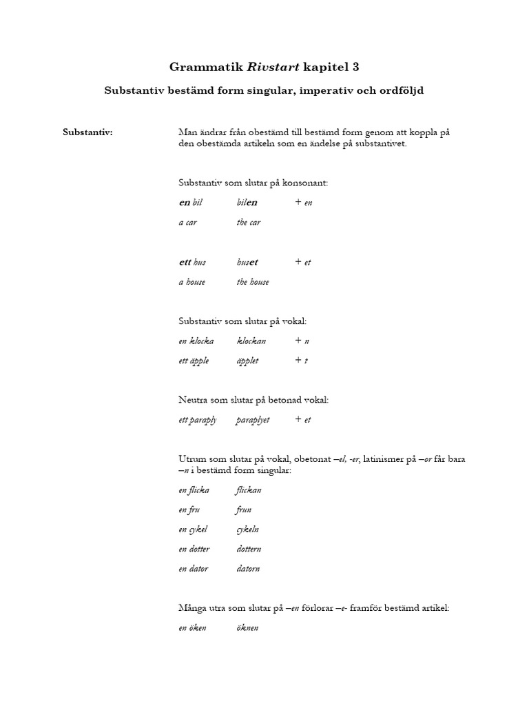 Grammatik Rivstart Kapitel 3 Substantiv Obestämd Form Och Imperativ-1 | PDF