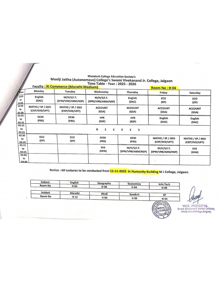 XI & XII Commerce Timetable | PDF