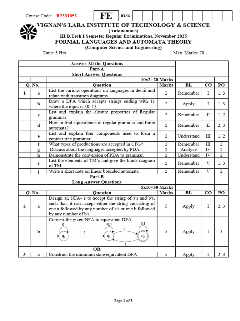 FLAT - Model Question Paper | PDF | Syntax (Logic) | Linguistics