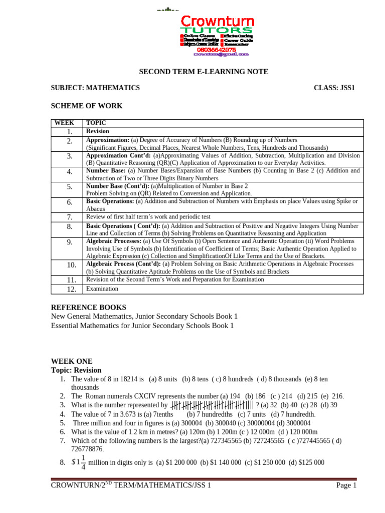 2nd Term j1 Mathematics | PDF | Numbers | Algebra