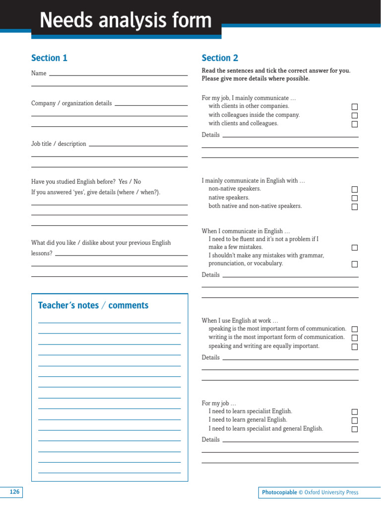 Needs Analysis Form | PDF | English Language | Psycholinguistics