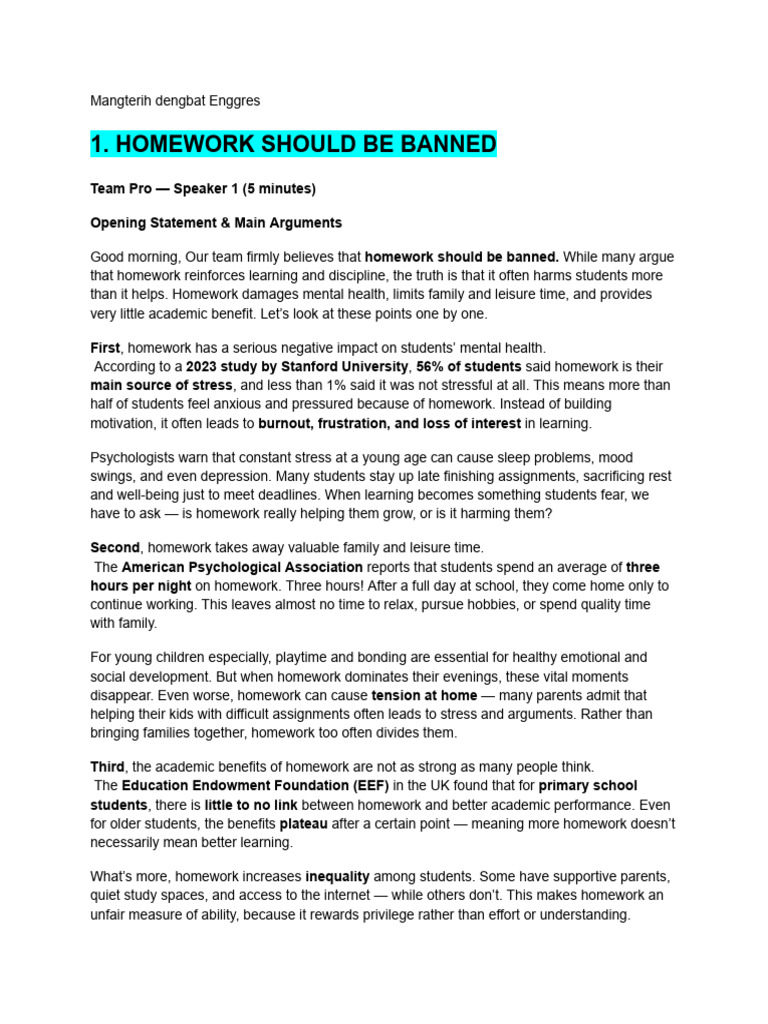 Should Homework Be Banned? Arguments For and Against | PDF | Homework ...