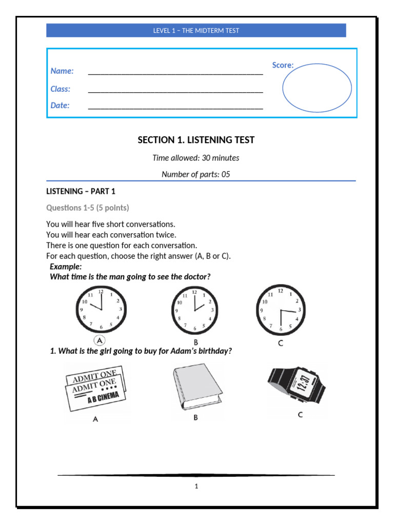 Level 1 Midterm Listening & Reading Test | PDF | Parking Lot