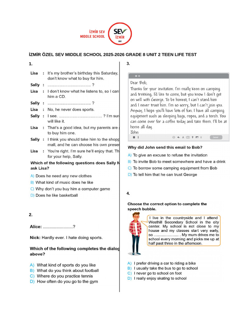 Unit 2 Teen Life End of Unit Test | PDF
