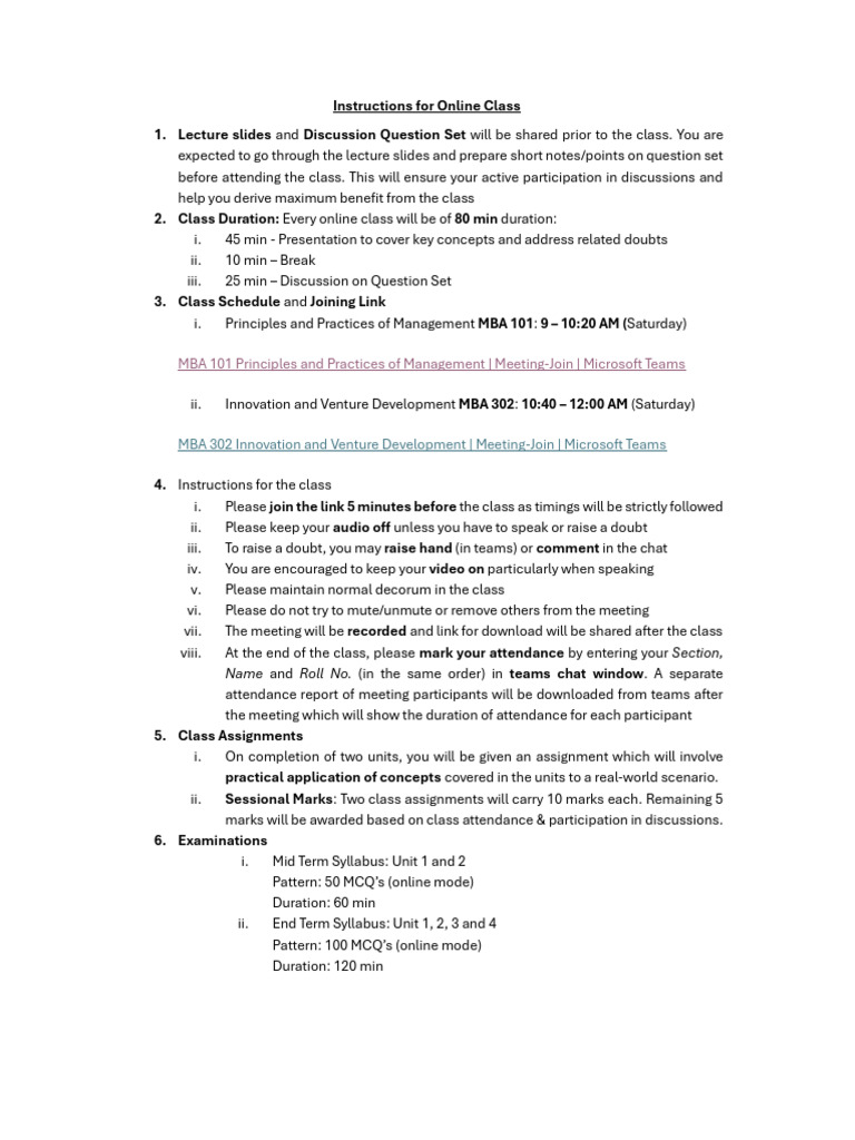 Instructions For Online Class and Exam | PDF