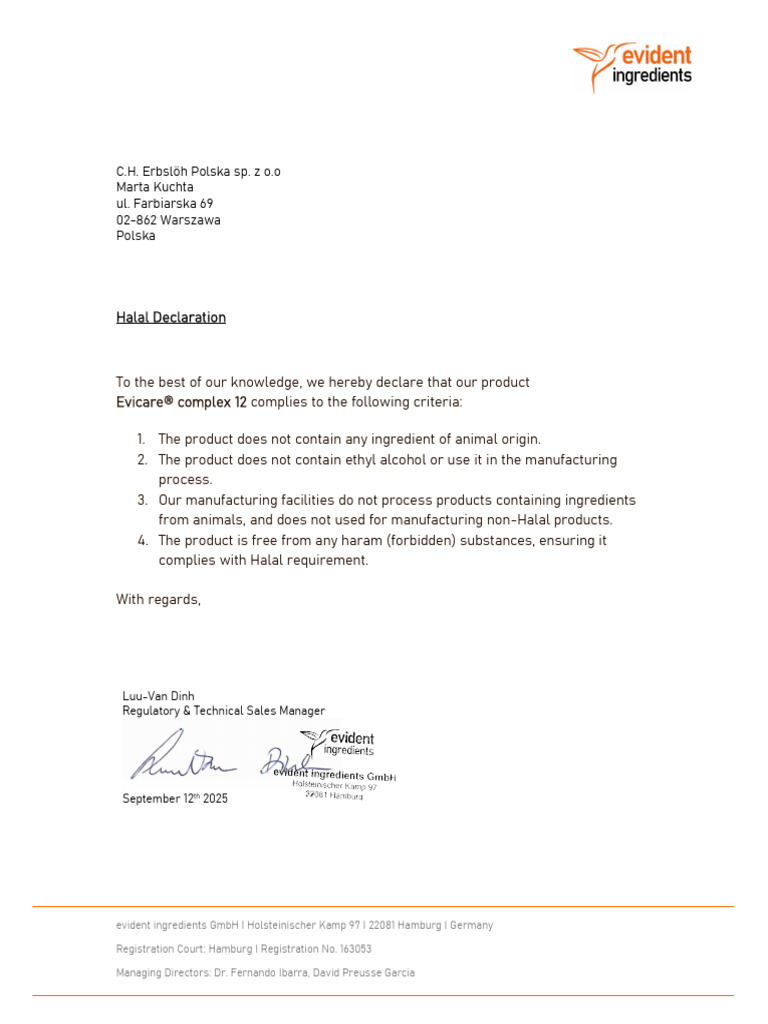 Evicare Compex 12 Halal Declaration Letter | PDF