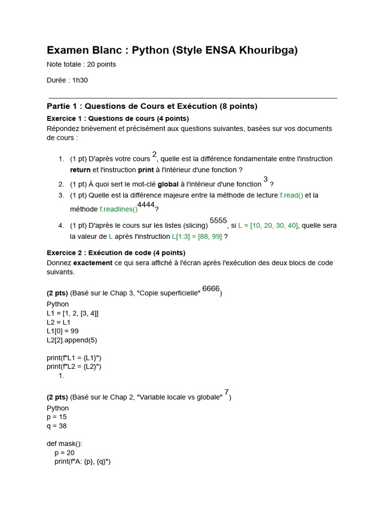 Examen Blanc Python : Cours et Exercices | PDF | Programmation informatique