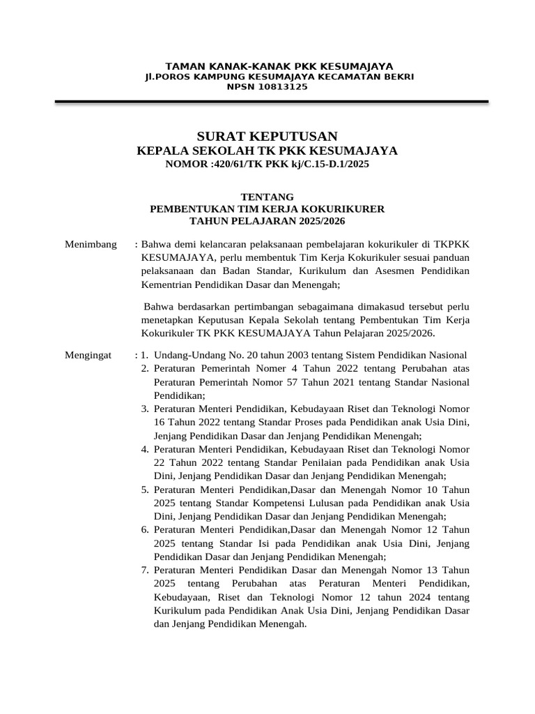 SK Tim Kerja Kokurikuler PKK | PDF